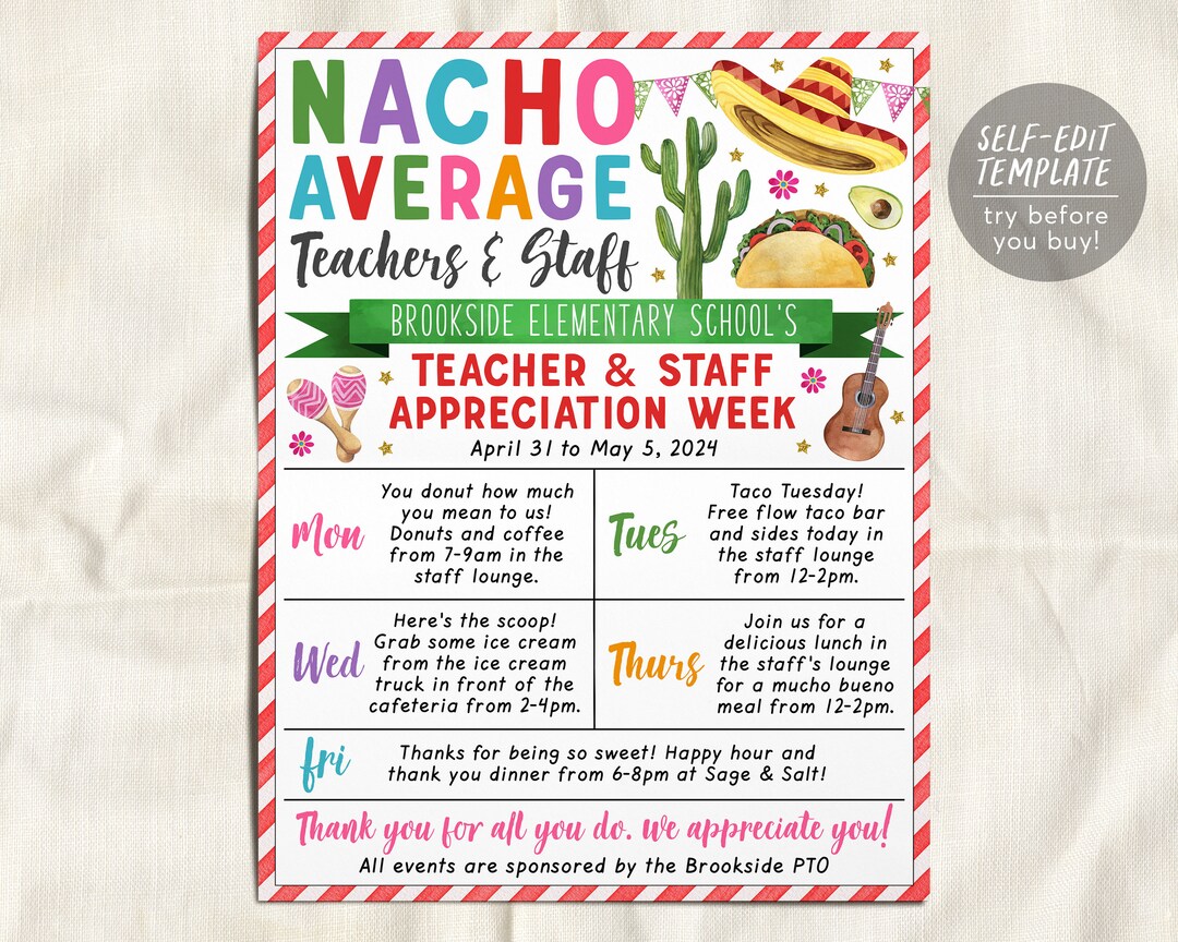 Nacho Average Teacher Appreciation Week Schedule Editable Template ...