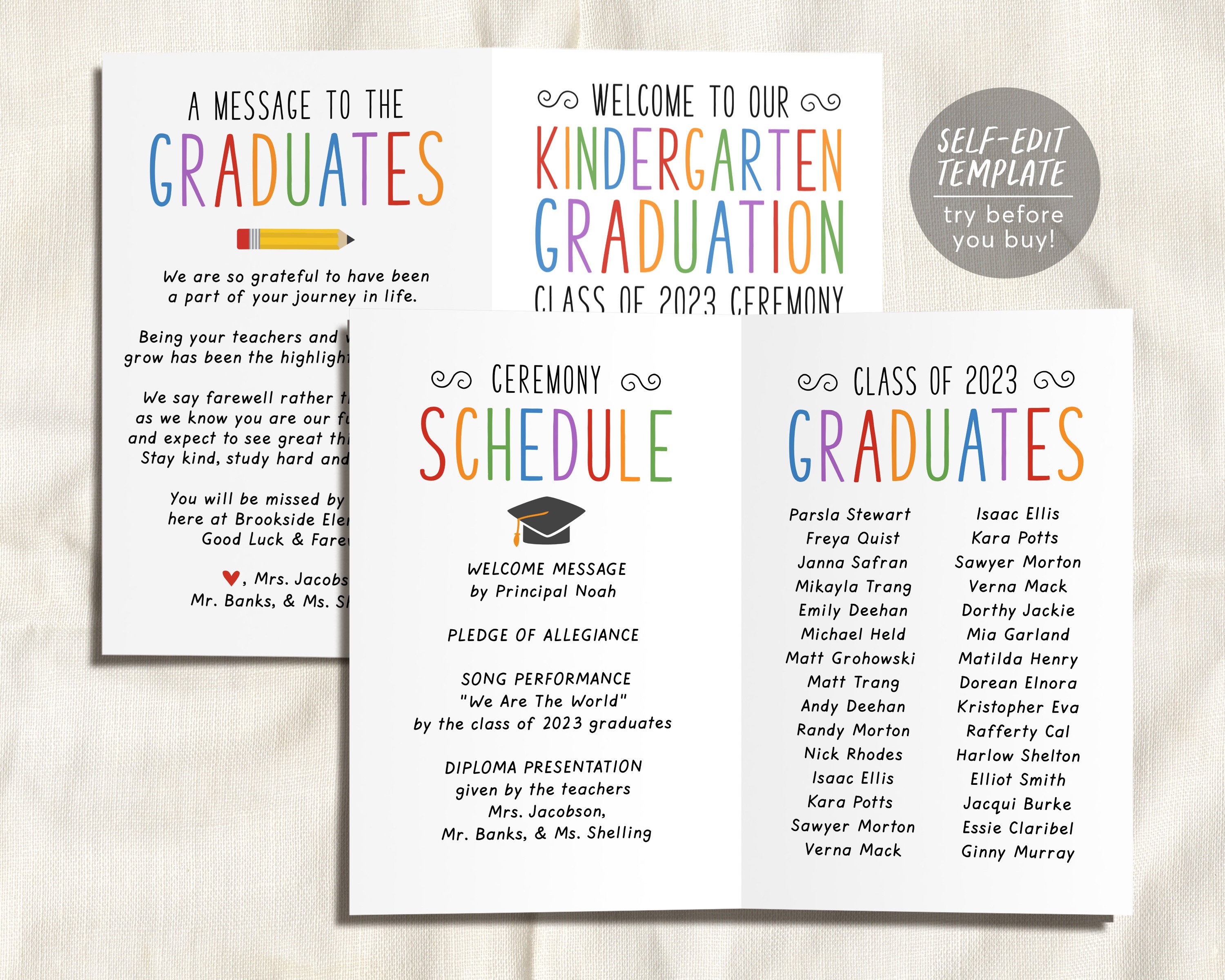 Graduation Program Editable Template for Kindergarten, Pre-k Preschool ...
