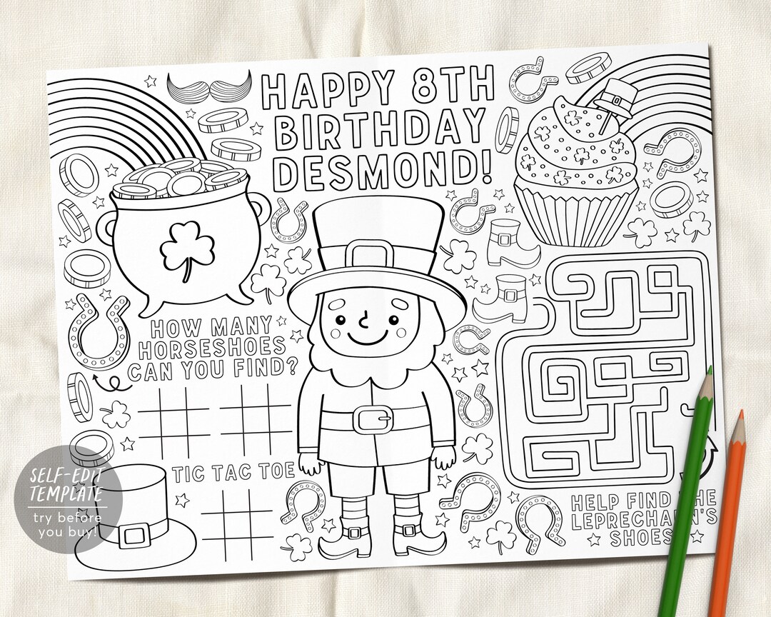 St Patricks Day Coloring Placemat for Kids Editable Template, Saint ...