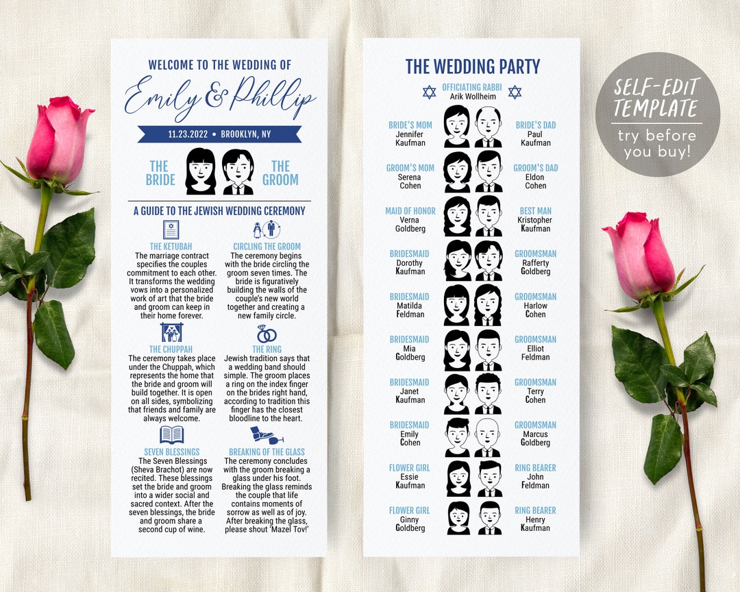 Jewish Wedding Program Portrait, Jewish Reception Template, Jewish ...