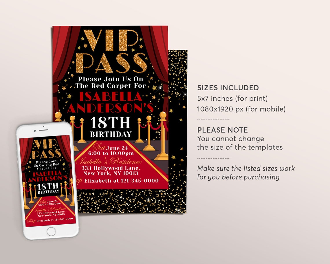 VIP Pass Birthday Invitation Editable Template, Hollywood Red Carpet ...
