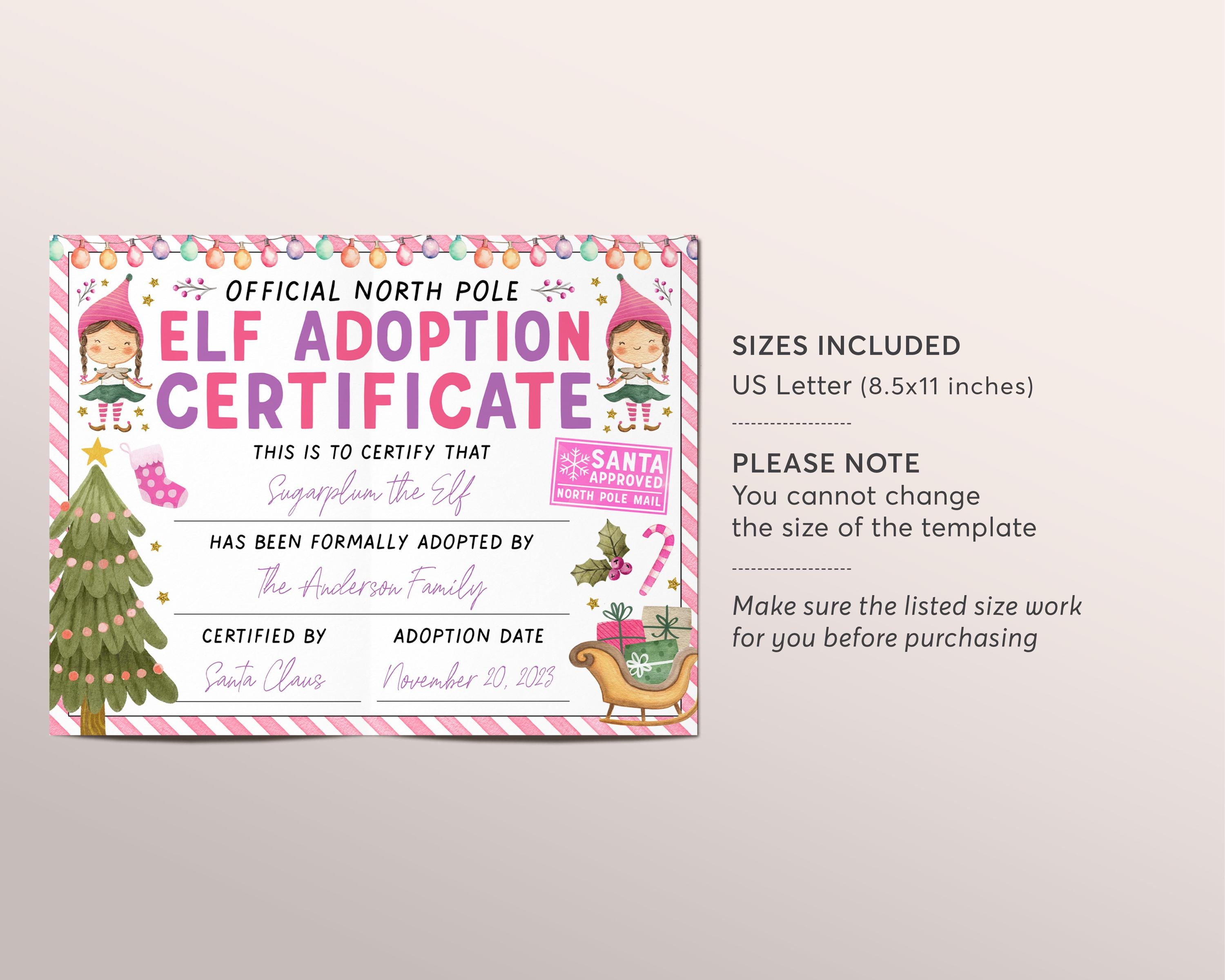 Pink Girl Elf Adoption Certificate Editable Template, Adopt Your Elves ...