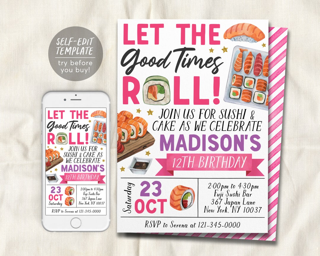 Sushi Party Invitation Editable Template, Japanese Restaurant Birthday ...