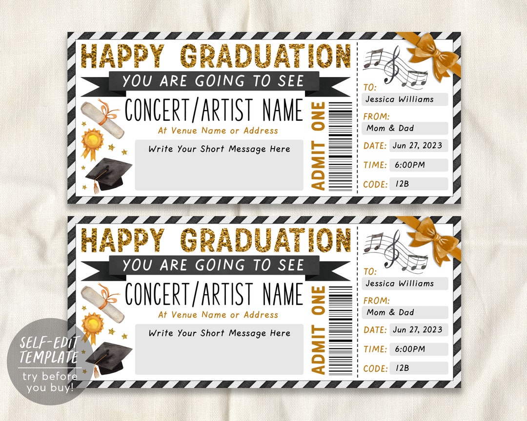 Graduation Concert Ticket Gift Voucher Editable Template, Surprise Grad ...