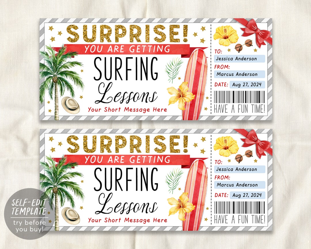 Surfing Lessons Gift Voucher Certificate Editable Template, Surprise ...