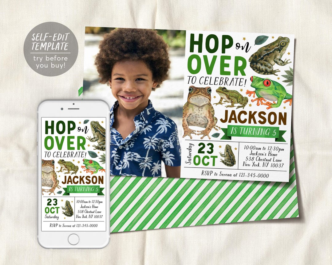 Frog Birthday Invitation With Photo Editable Template, Boy Hop on Over ...