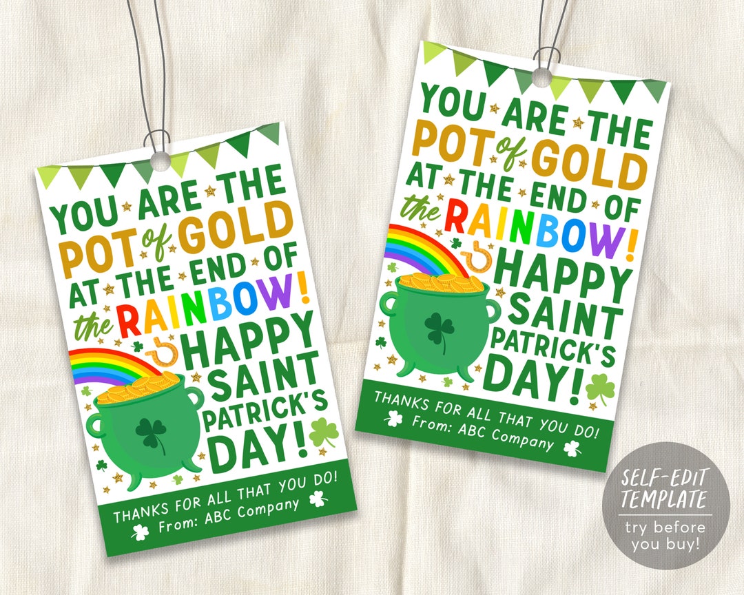 St Patrick's Day Gift Tags Editable Template, Shamrock Rainbow Teacher ...