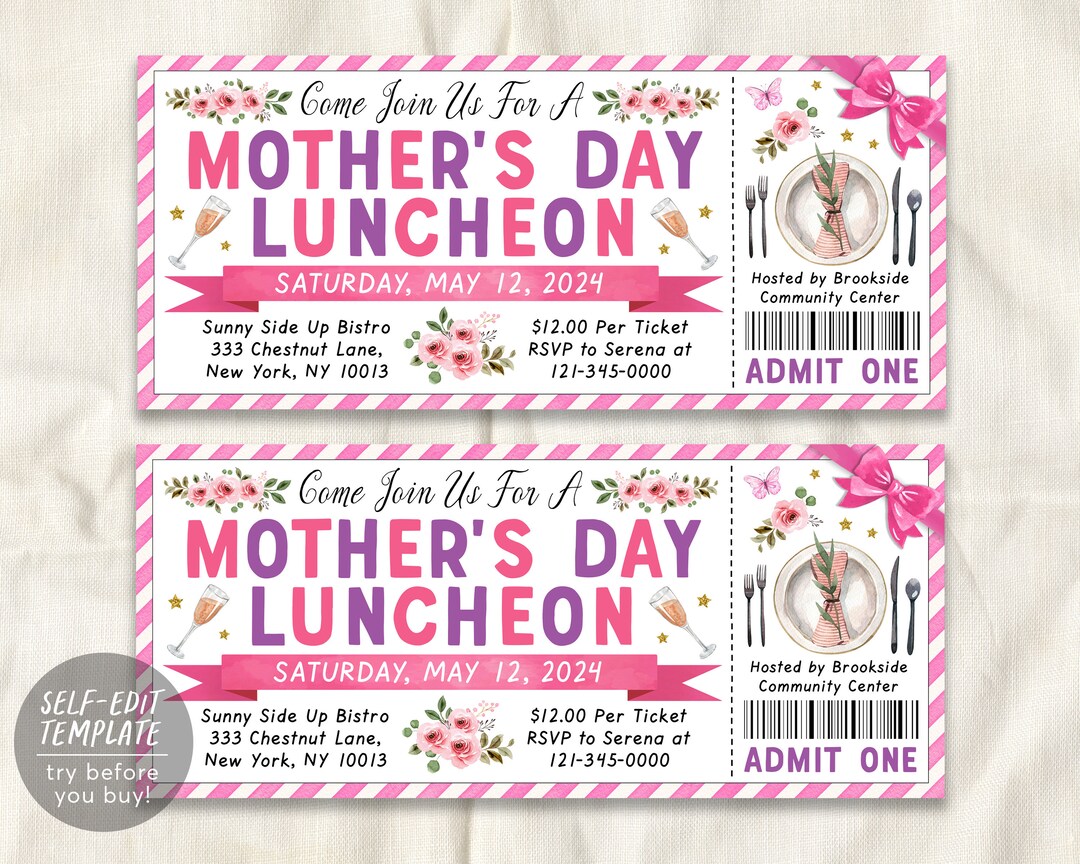 Mother's Day Luncheon Ticket Invitation Editable Template, Mothers Day ...
