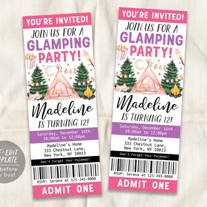 Glamping Birthday Ticket Invitation Editable Template, Girl Outdoor Camp Out Party Invite ...
