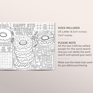 Donut Birthday Party Coloring Placemat for Kids Editable Template ...