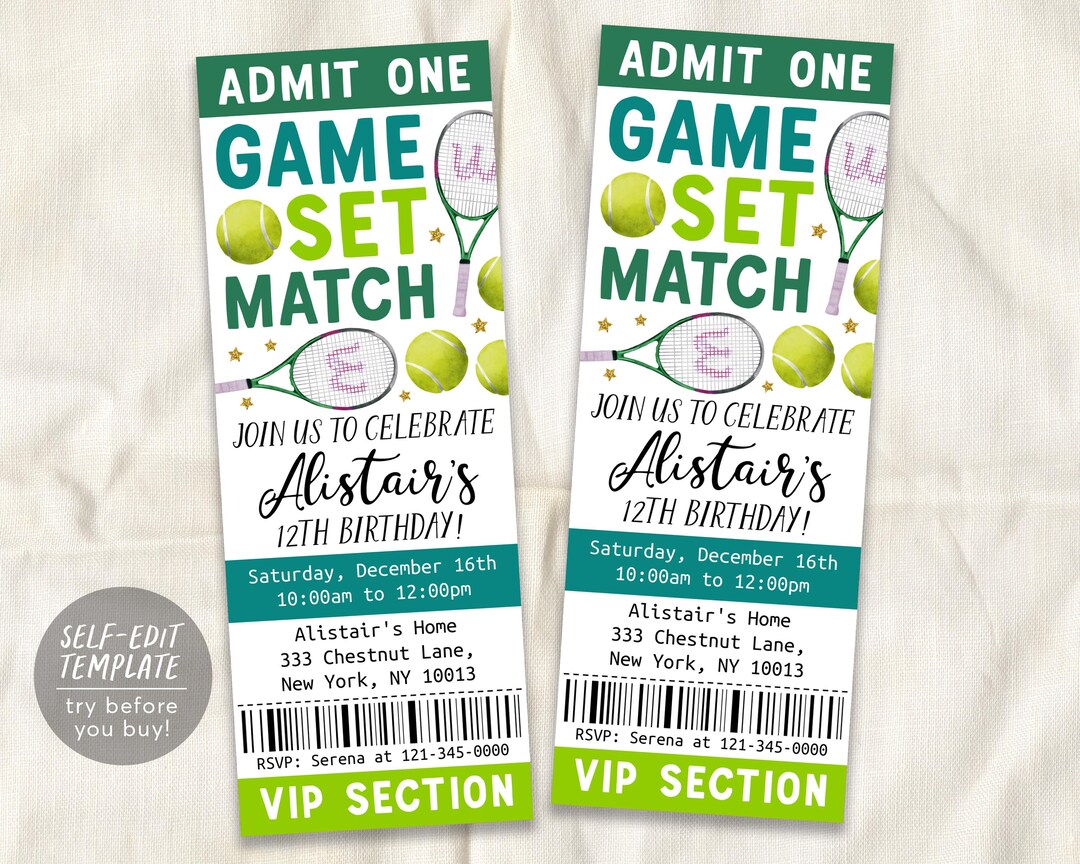 Tennis Birthday Ticket Invitation Editable Template, Boy Tennis Ball ...