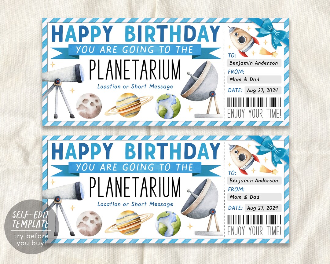 Planetarium Ticket Editable Template, Birthday Surprise Space Museum ...