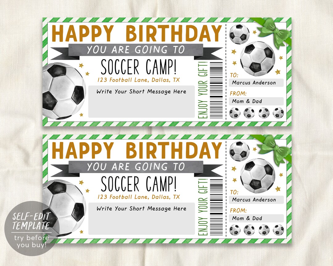 Soccer Camp Gift Ticket Editable Template, Birthday Surprise Training ...