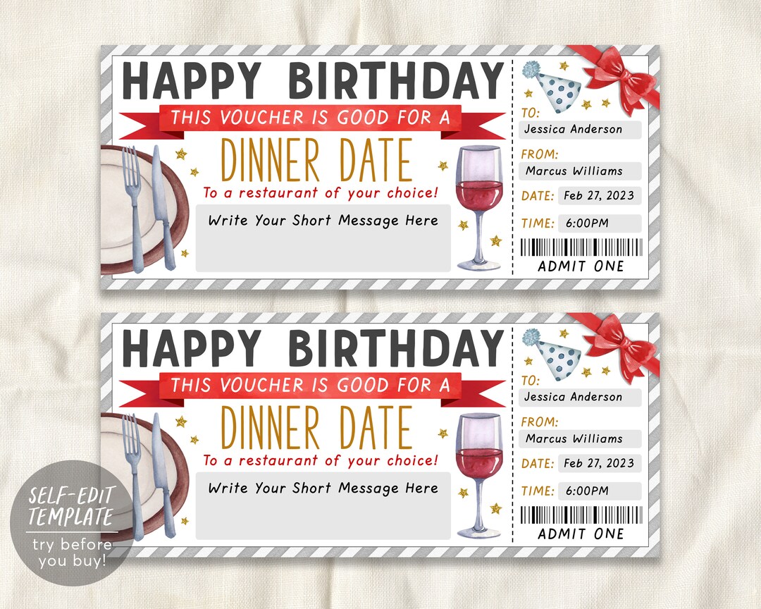Birthday Restaurant Gift Voucher Editable Template, Surprise Dinner ...