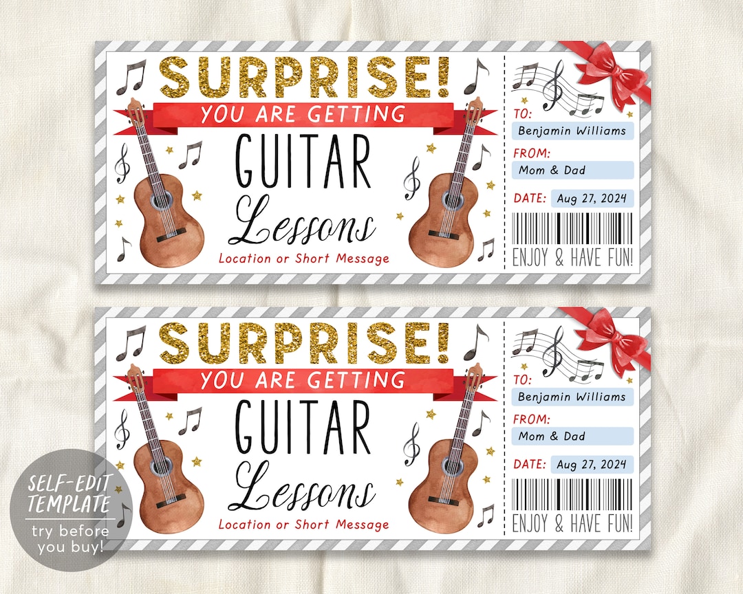 Guitar Lessons Gift Certificate Editable Template, Surprise Music ...