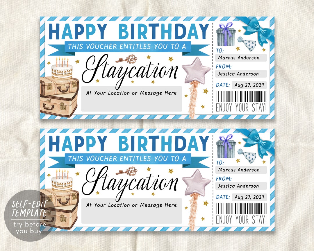 Staycation Voucher Editable Template, Birthday Party Surprise Weekend ...