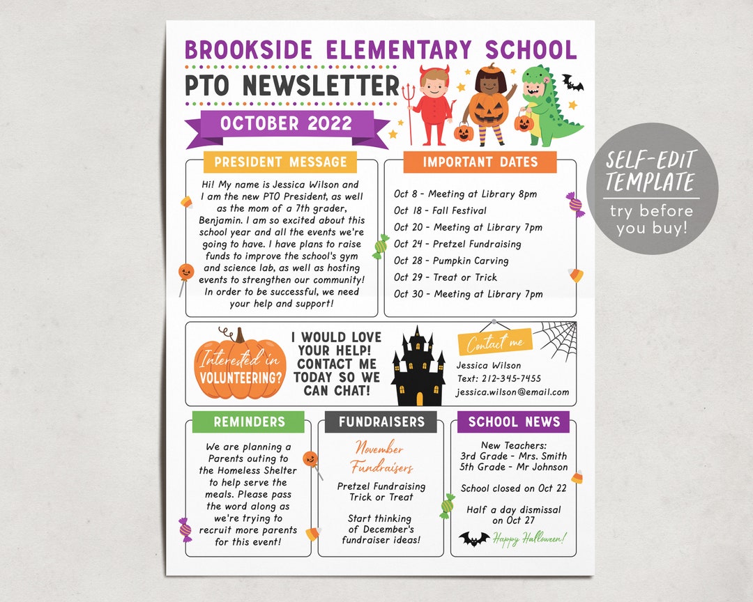 October PTO PTA Newsletter Flyer Editable Template, Back to School ...