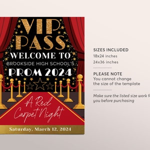 VIP Pass Prom School Dance Welcome Sign Editable Template, Red Carpet ...