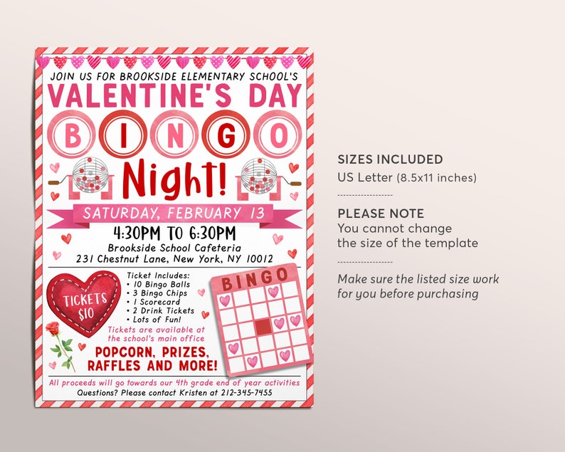 Valentine's Day Bingo Night Fundraiser Flyer Editable Template ...