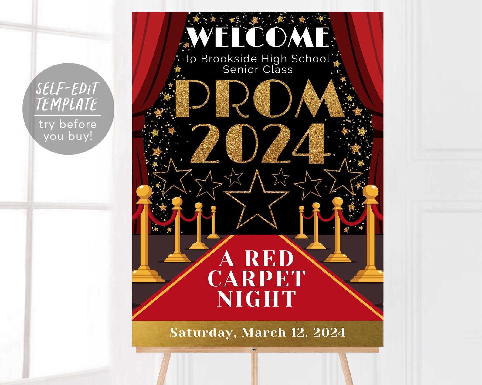 Red Carpet Dance Welcome Sign Editable Template, Prom School Dance ...