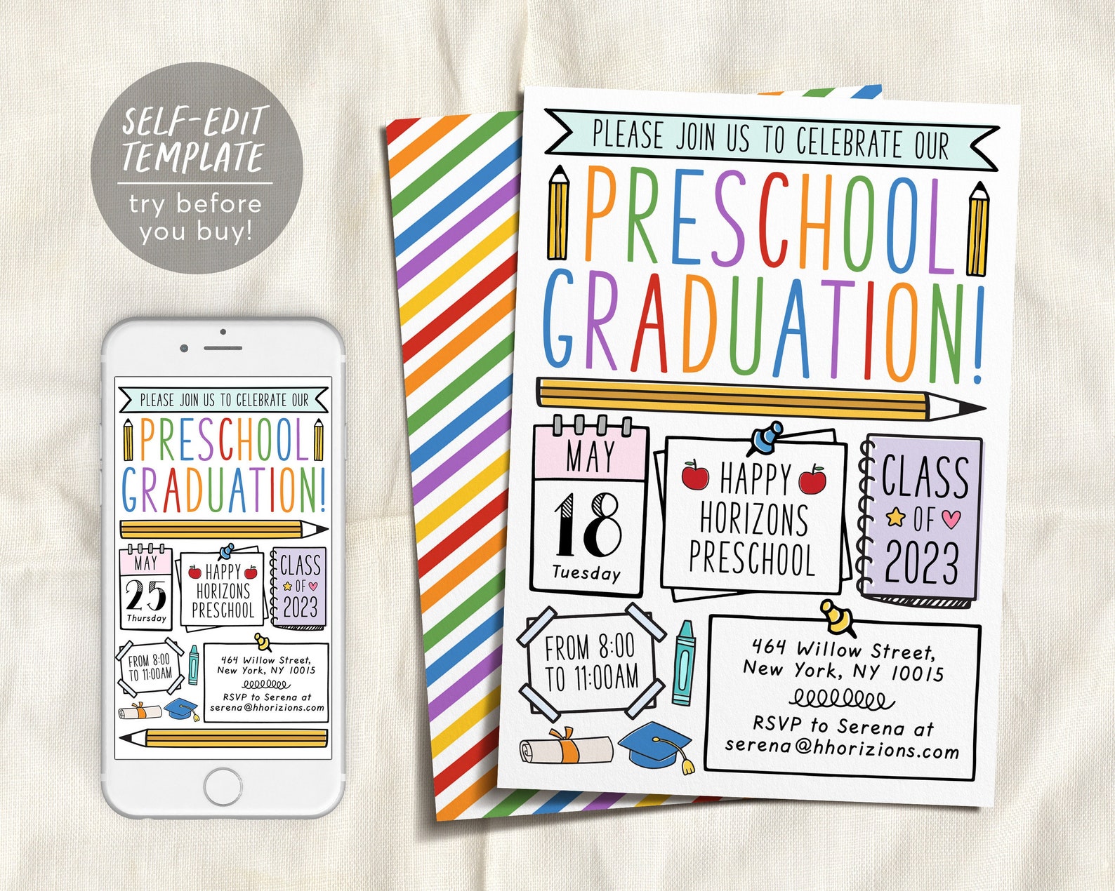 Preschool Graduation Invitation Editable Template, Pre-k Kindergarten ...