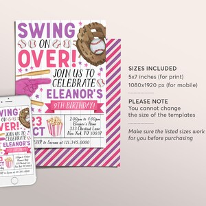 Baseball Birthday Invitation Editable Template, Girl Swing on Over ...