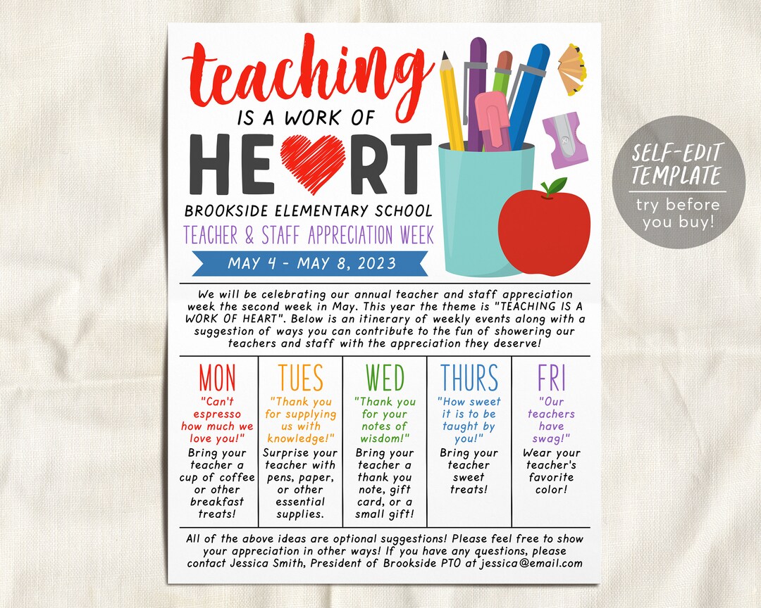 Teaching is A Work of Heart Teacher Appreciation Week Schedule Editable ...