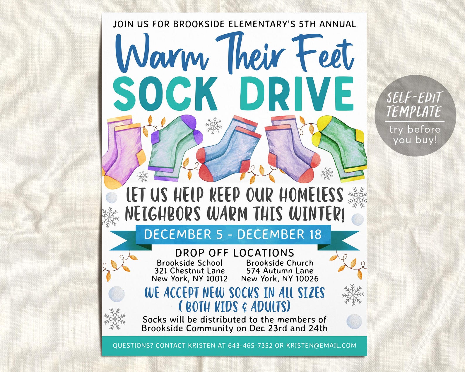 Winter Sock Drive Flyer Editable Template, Holiday Sock Donation ...
