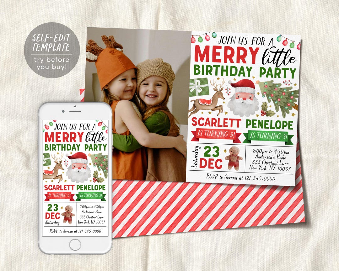 Christmas Joint Siblings Birthday Invitation With Photo Editable ...