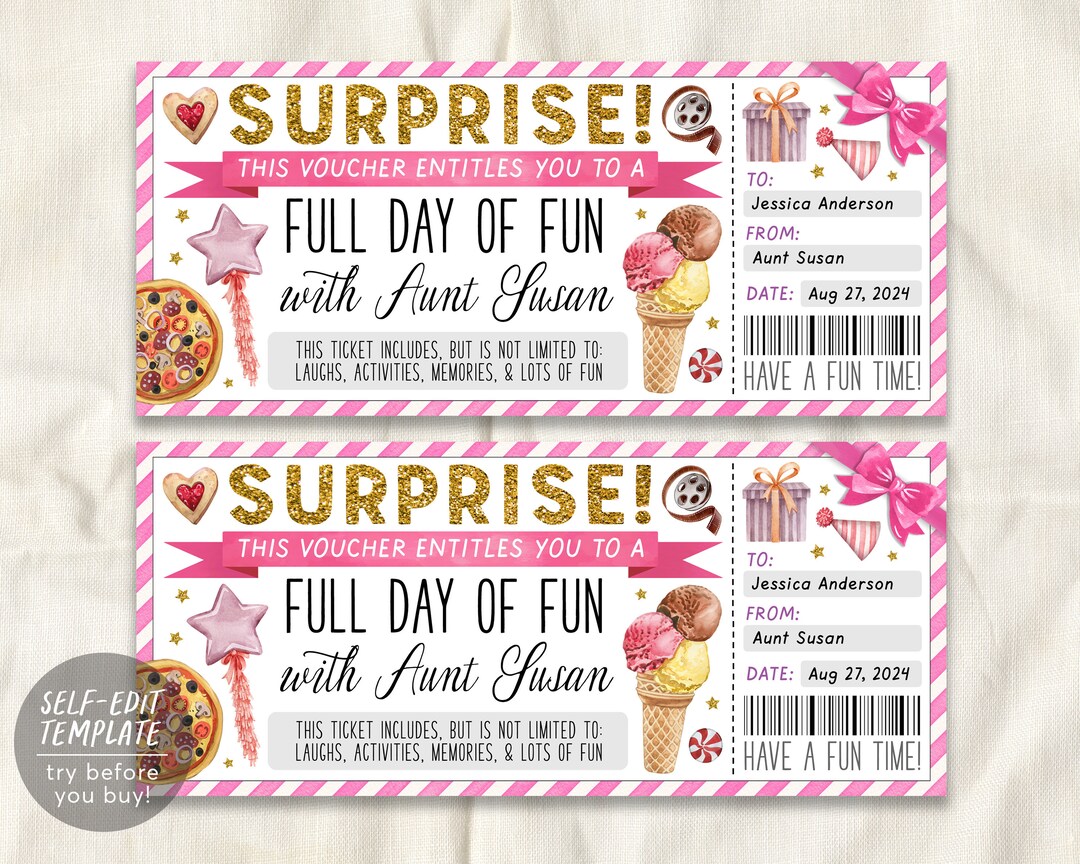 Fun Day Ticket Editable Template, Surprise Day of Fun With Aunt Gift ...
