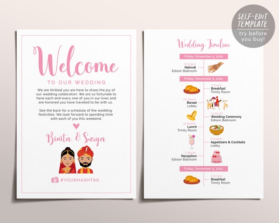 Indian Wedding Timeline Template Editable Wedding Itinerary - Etsy