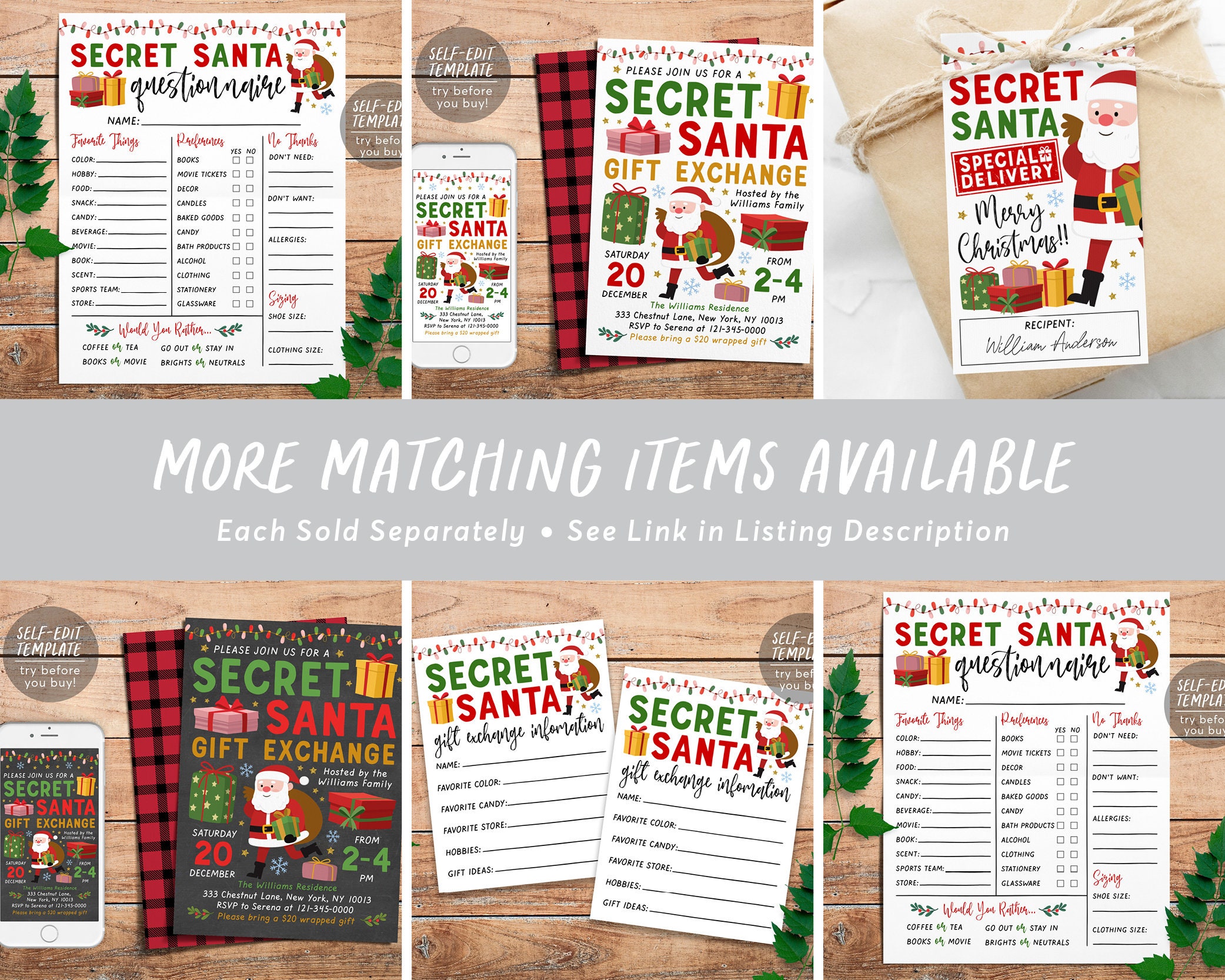 Secret Santa Gift Exchange Cards Editable Template, Holiday Christmas ...