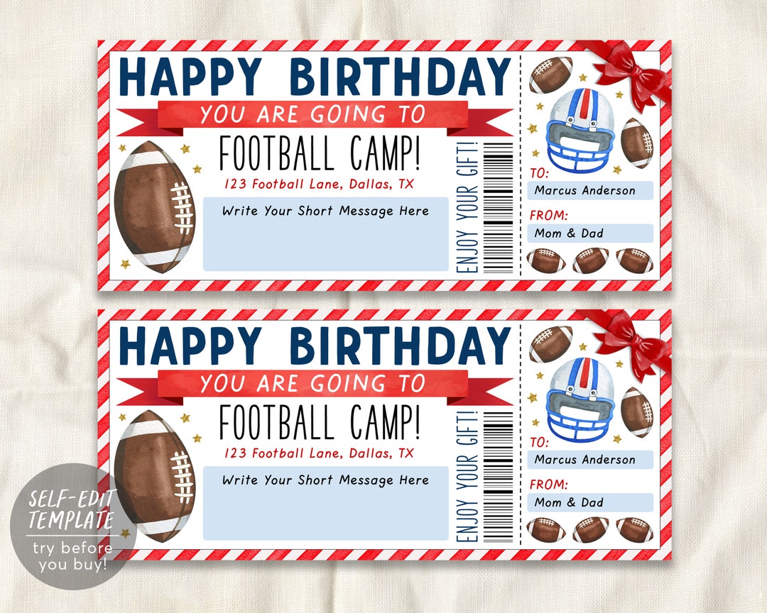 Birthday Football Camp Gift Ticket Editable Template, Surprise Training ...