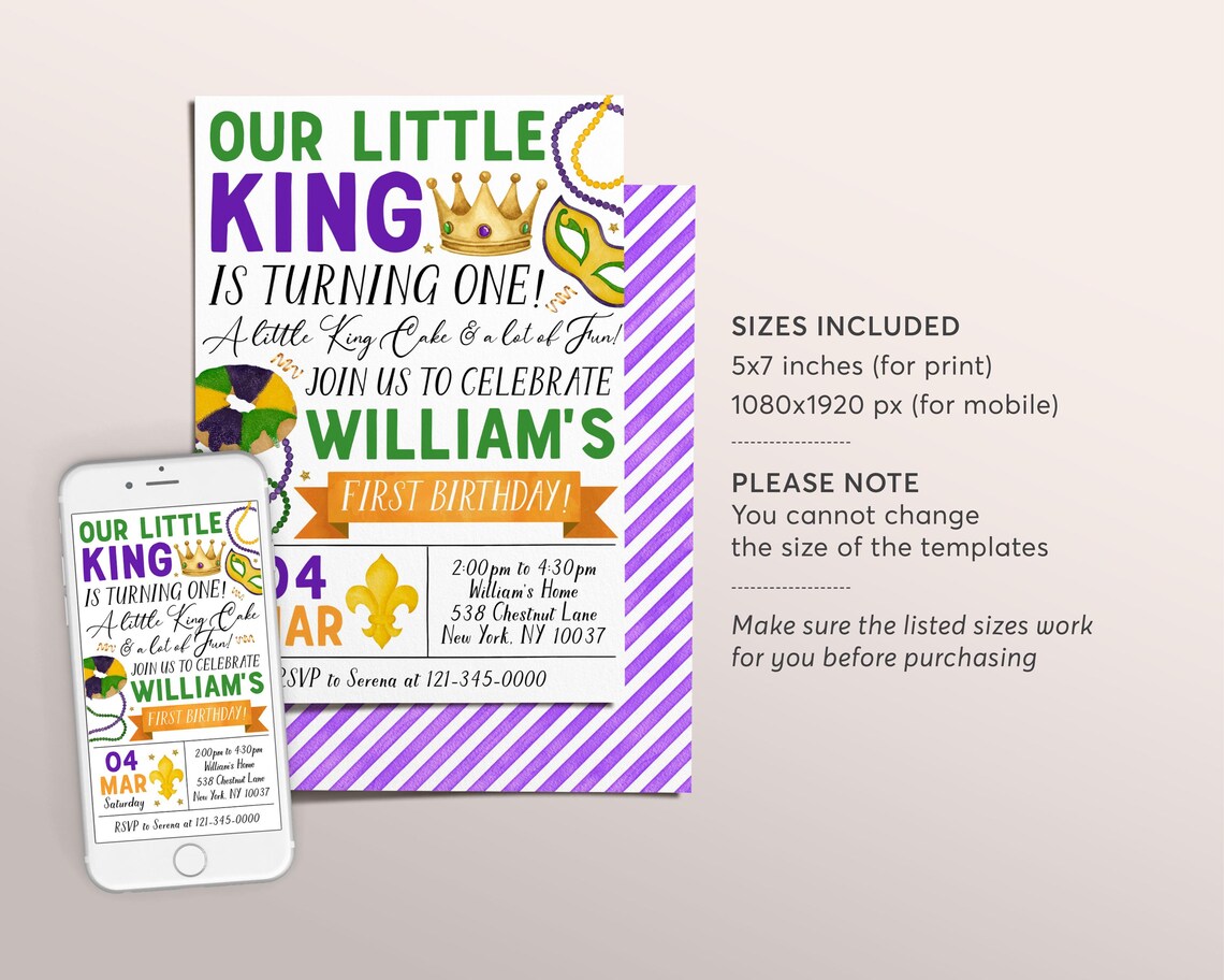 Mardi Gras Birthday Invitation Editable Template, Our Little King Kids ...