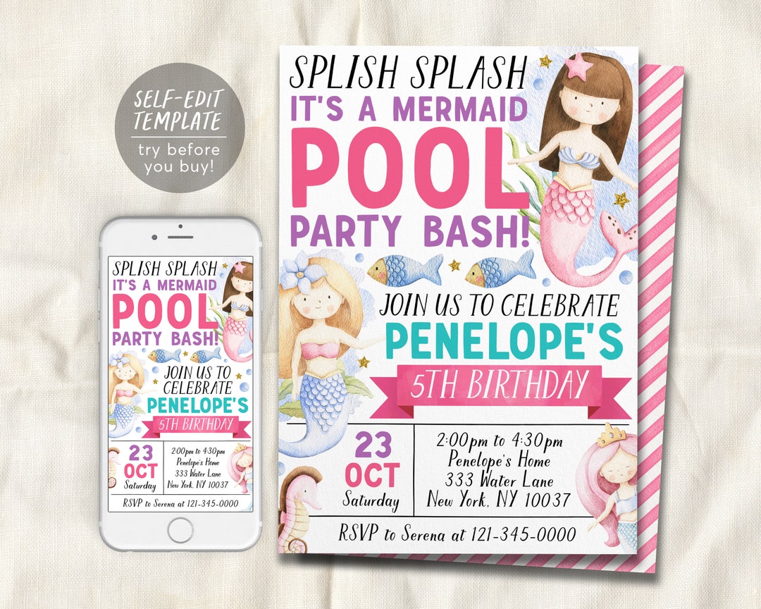 Mermaid Pool Party Birthday Invitation Editable Template, Under the Sea ...