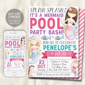 Mermaid Pool Party Birthday Invitation Editable Template, Under the Sea ...