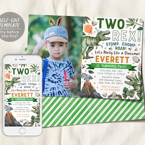 Two Rex Dinosaur Birthday Invitation With Photo Editable Template, T ...