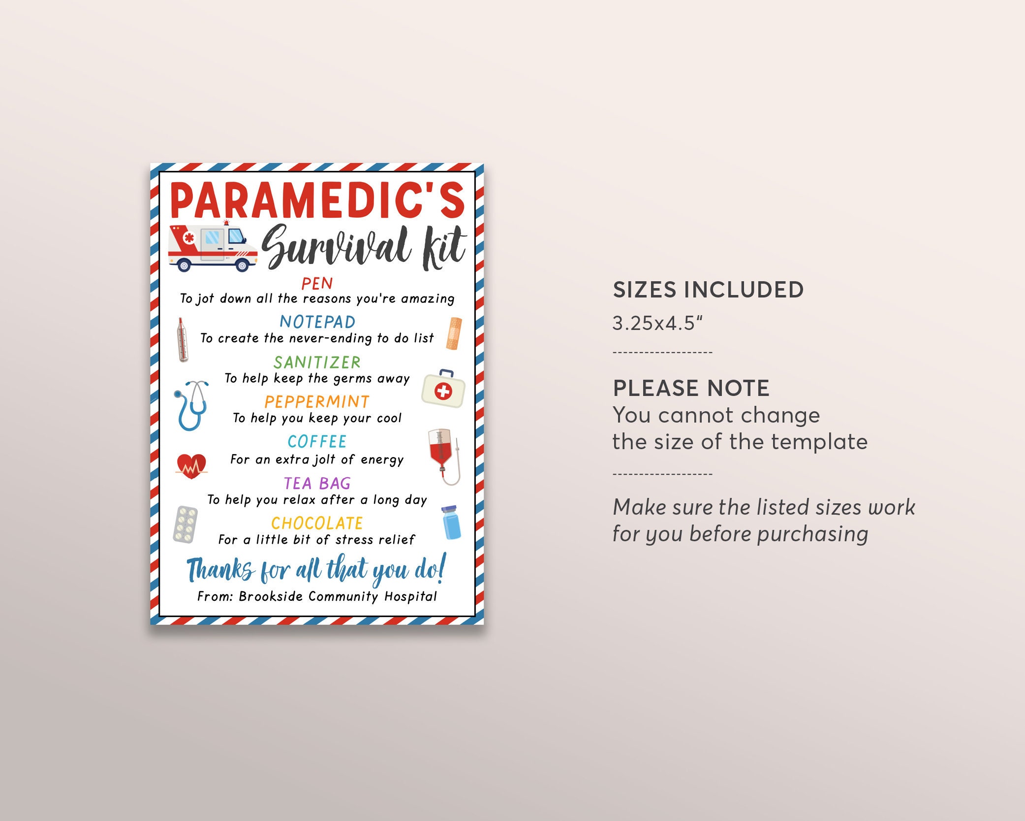 Paramedic Survival Kit Gift Tags Editable Template, First Responder ...