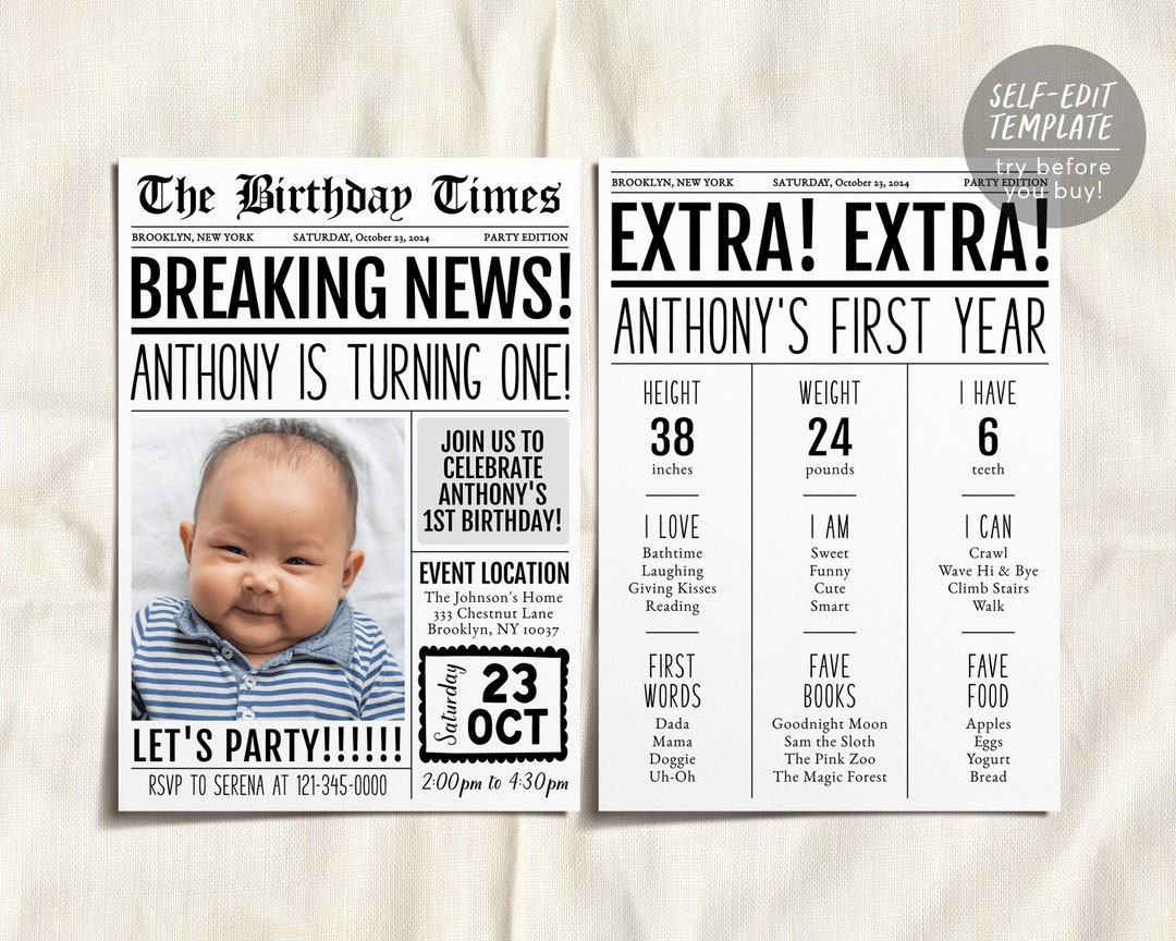 First Birthday Newspaper Invitation With Photo Editable Template, Mini Milestone 1st Birthday ...