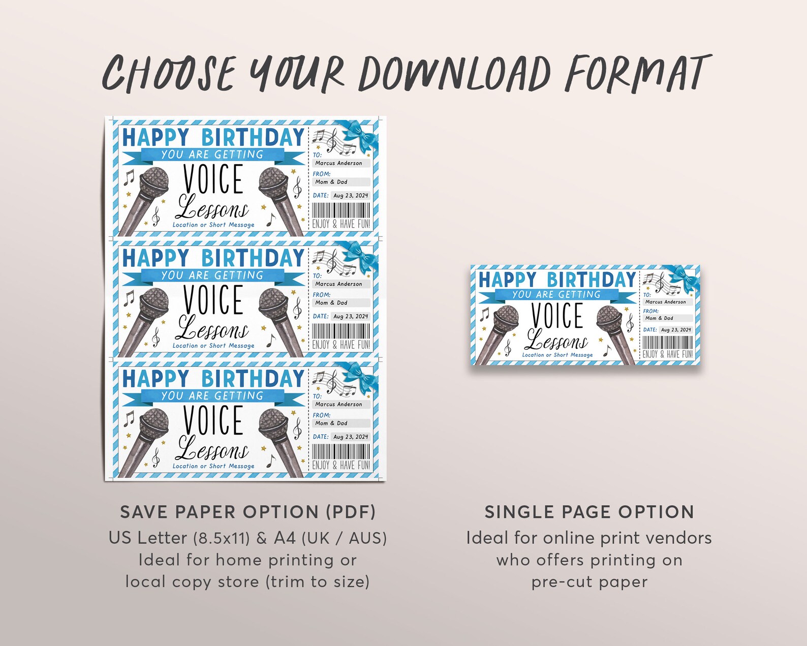 Voice Lessons Gift Certificate Editable Template, Birthday Singing ...