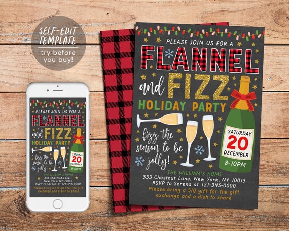 Flannel and Fizz Christmas Invitation Editable Template Pjs - Etsy