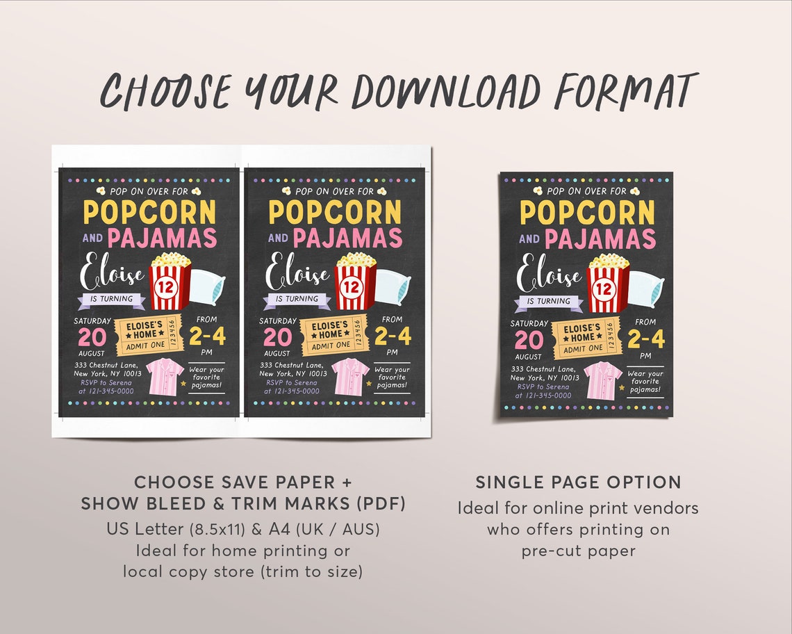 Popcorn and Pajamas Party Birthday Invitation Template - Etsy