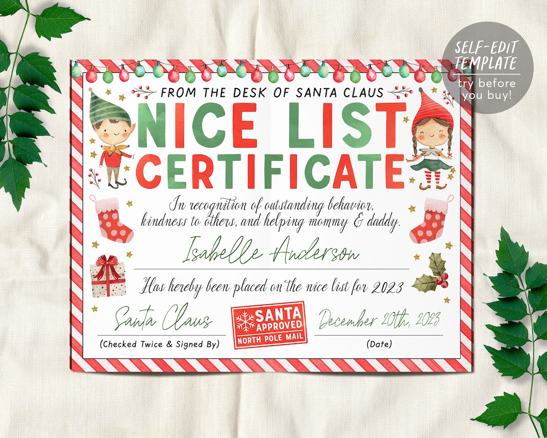 Nice List Certificate Editable Template, Santas Official Nice List ...