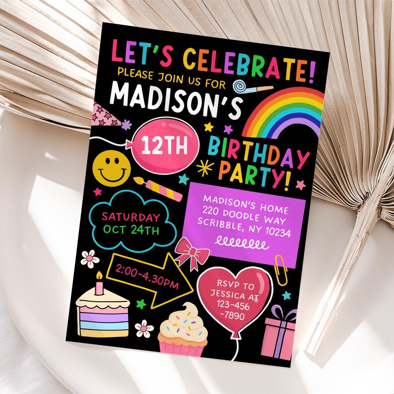 Glow Neon Notebook Doodle Birthday Invitation, Cute Girl Preteen Teen ...
