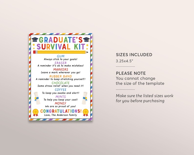 New Graduate Survival Kit Editable Template, Graduation Gift Idea ...
