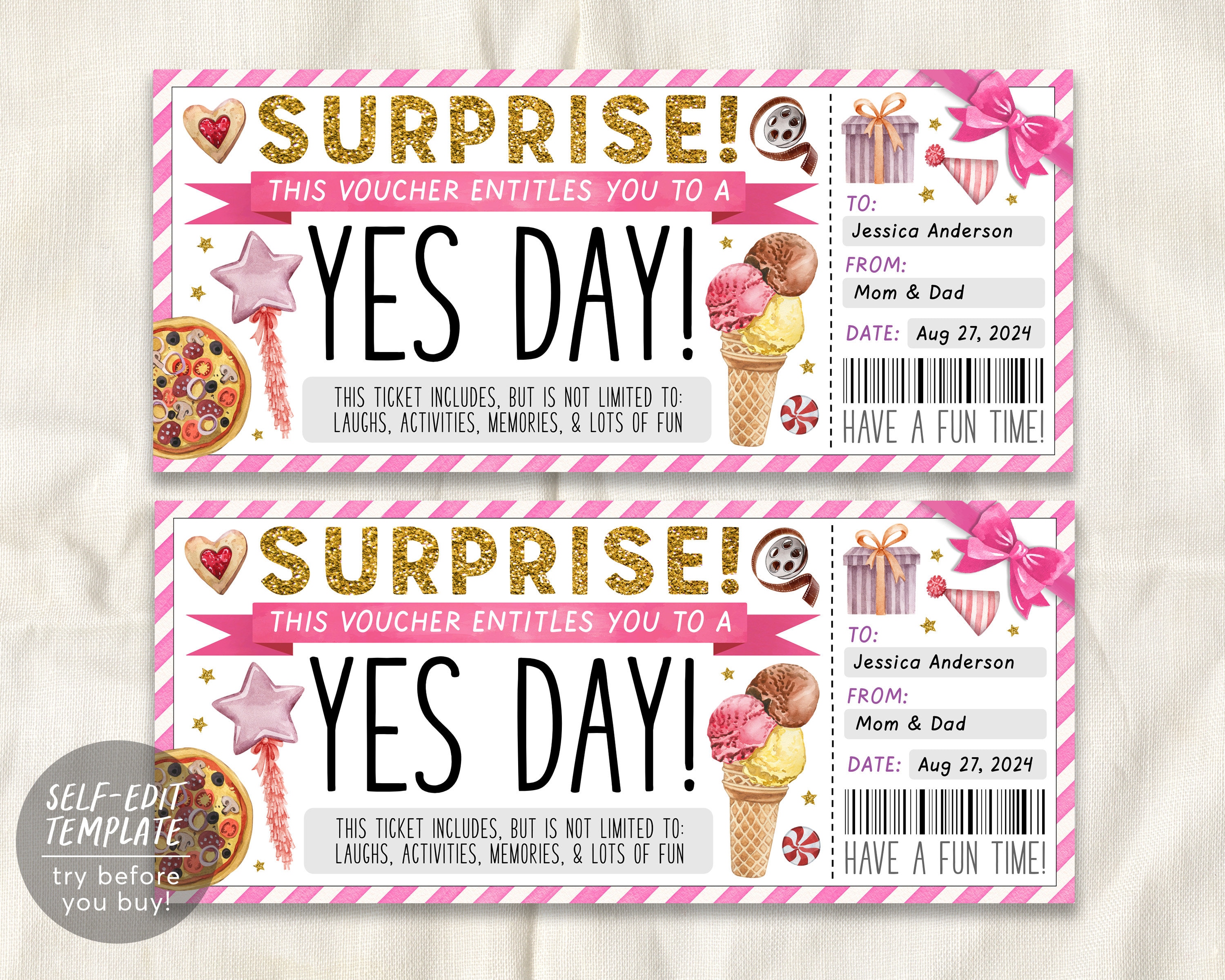 Yes Day Ticket Editable Template, Surprise Best Day Ever Gift ...