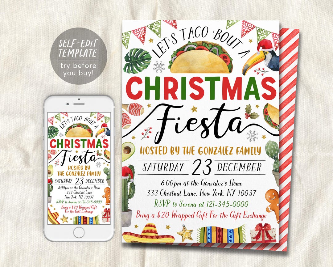 Taco Bout a Christmas Fiesta Invitation Editable Template, Mexican Themed Holiday Fiesta Party ...