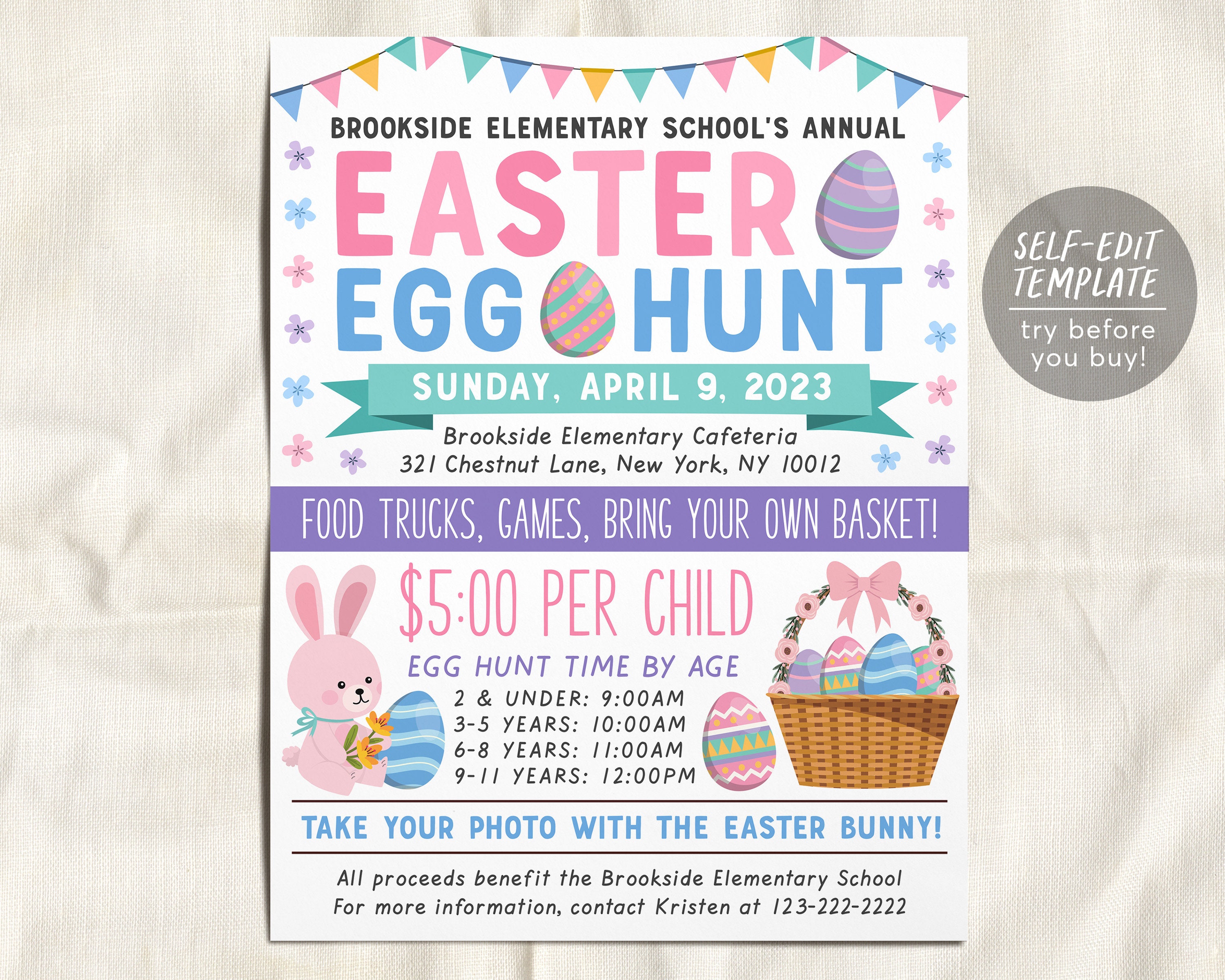 Easter Egg Hunt Fundraiser Flyer Editable Template, Kids Spring Easter ...