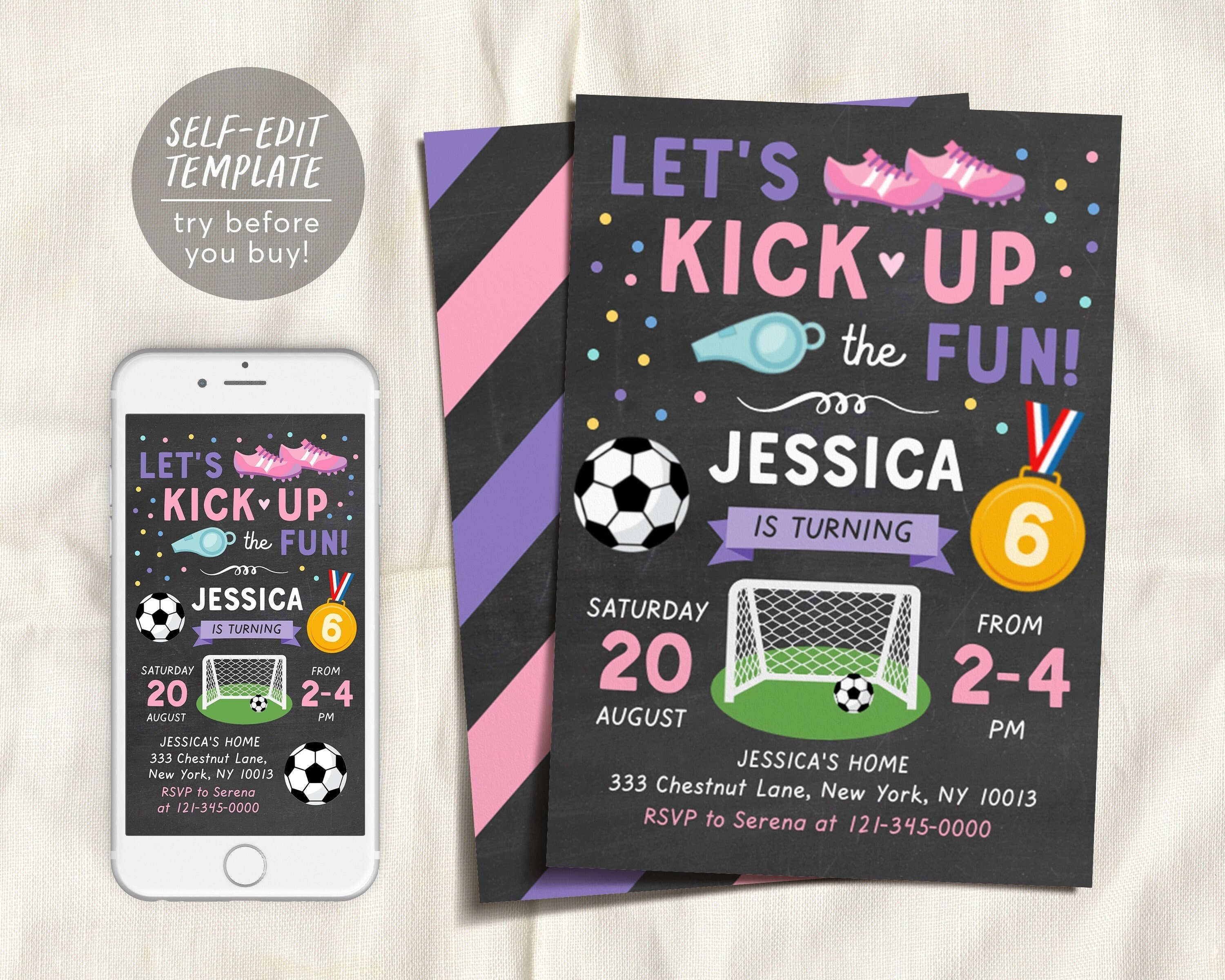 Editable Girl Soccer Kick It Birthday Party Invitation Template, Kick ...