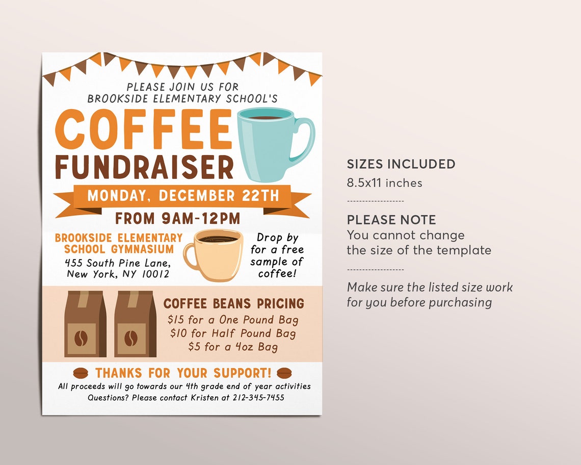 Coffee Fundraiser Flyer Editable Template School PTA PTO - Etsy